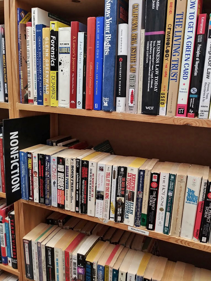 The non-fiction section: where knowledge goes for its second act. "How to Get a Green Card" sits comfortably next to "Forensics for Dummies." 