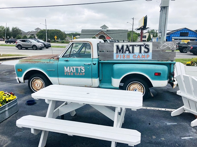 That vintage turquoise truck isn't just adorable&mdash;it's the perfect mascot for a restaurant that blends old-school fish camp traditions with modern coastal cuisine.