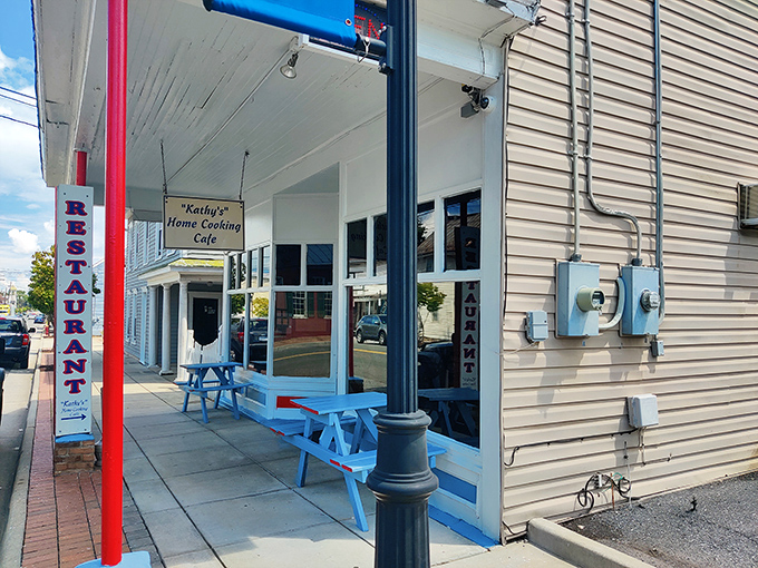 Blue picnic tables outside invite fair-weather dining where you can watch small-town life unfold while enjoying big-flavor country cooking.