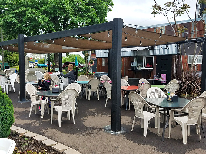 Al fresco dining, Junkyard style. Oregon's weather can be fickle, but these covered tables ensure nothing comes between you and burger bliss.