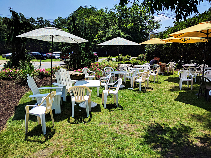 Garden seating under Virginia skies where waiting becomes part of the experience. Some friendships have been formed in these very chairs.