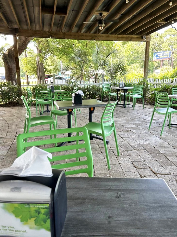 The outdoor patio with its green chairs offers the perfect setting for that critical ice cream decision: eat quickly or savor slowly?