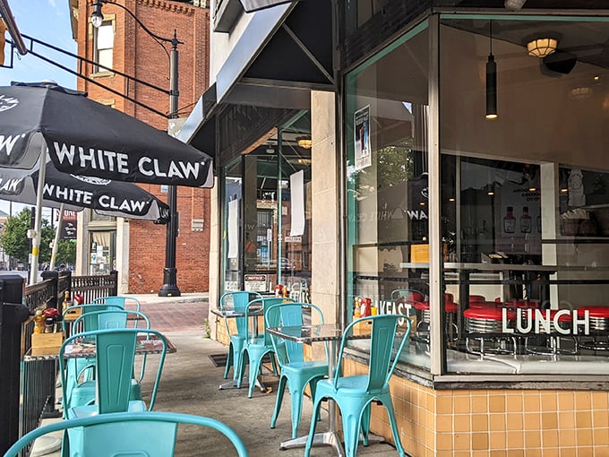 Outdoor seating where you can people-watch while your breakfast works its restorative magic. Those turquoise chairs practically beg you to sit a spell.