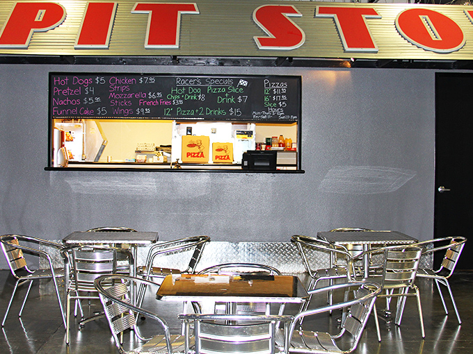 The aptly named "Pit Stop" serves up fuel for racers. No champagne spraying allowed, but the hot dogs will do just fine.