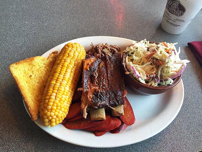The barbecue plate that launched a thousand road trips. That corn looks like it was picked this morning just for you.