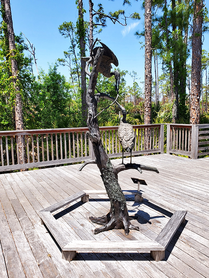 This artistic bird sculpture captures the essence of the sanctuary's feathered residents, frozen mid-stride in eternal vigilance.
