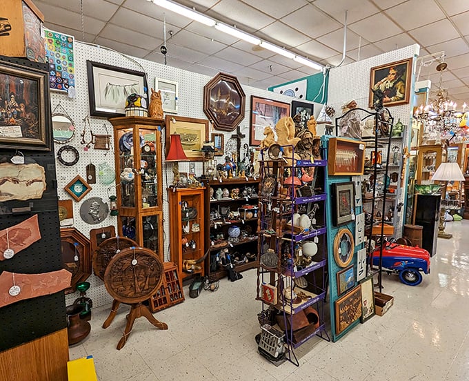 Every booth tells a different story through its treasures. That spinning wheel isn't just decorative&mdash;it's a conversation piece that comes with three centuries of craftsmanship.