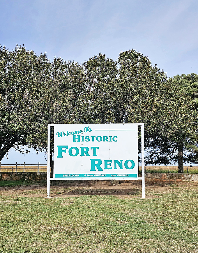 The welcome sign cheerfully announces closing times – which is exactly when the most interesting "residents" of Fort Reno reportedly come out to play.
