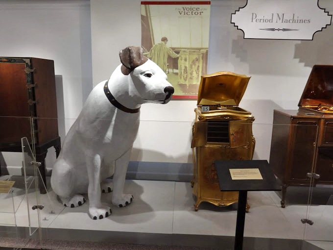 This life-sized Nipper statue seems eternally poised to hear his master's voice, a sentinel guarding music's mechanical revolution.