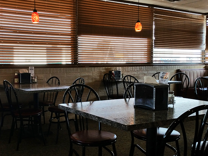 Empty tables waiting for the lunch rush—each one a stage where countless chicken-centered memories have been made.