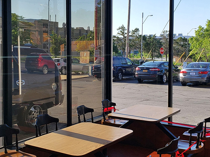 Spartan seating says, "We know why you're here, and it's not for the interior design." This chicken deserves your full attention anyway.