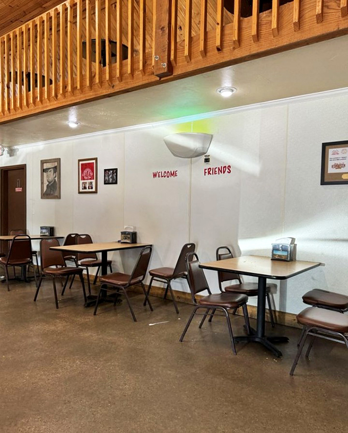 "Welcome Friends" says the wall, but the real welcome comes wrapped in paper and filled with joy. Hospitality, Oklahoma-style.