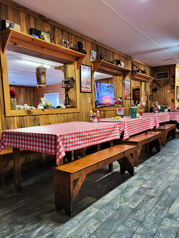 Church pews reimagined as dining benches? Genius. Because good barbecue is indeed a religious experience worth getting comfortable for.