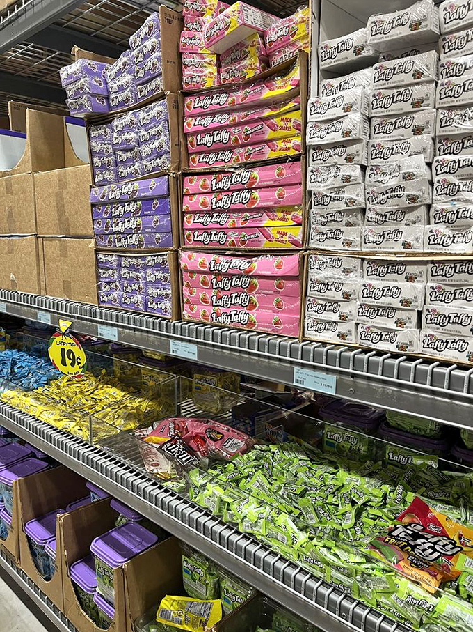 Taffy in every color of the rainbow—and a few colors nature never intended. The pink, purple, and white boxes promise chewy delights.