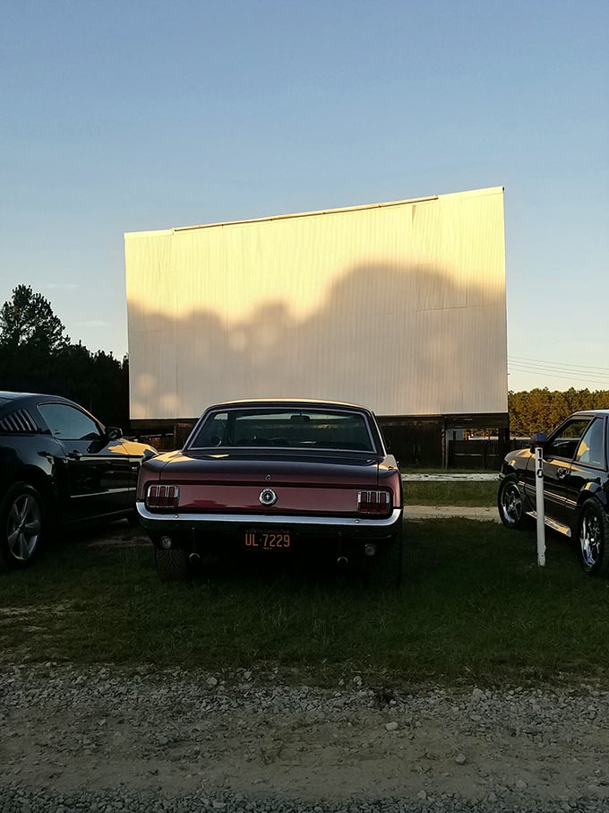 A classic Mustang faces the blank canvas of the screen, two American icons sharing a moment before showtime.