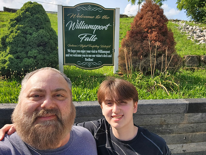 Selfies at Indiana's greatest vertical achievement. Visitors capture proof they discovered the Hoosier State's tallest natural waterfall.