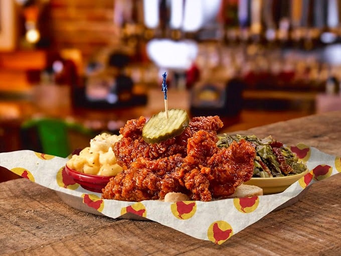 This isn't just fried chicken&mdash;it's a spice-dusted masterpiece where each tender morsel sits proudly alongside mac and cheese that's practically begging to cool your palate.