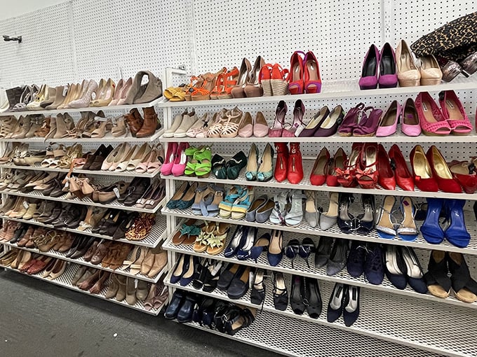 A rainbow of footwear possibilities arranged with surprising precision. Cinderella would have saved so much time if she'd just started here.