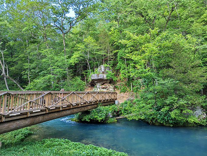 This wooden footbridge spans the luminous blue-green spring, reminding us that sometimes the most magical paths are the ones less traveled.