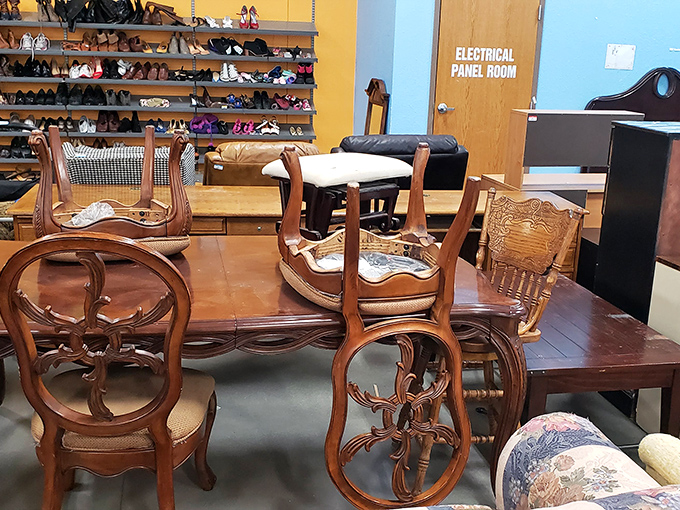 Dining sets with more character than most dinner guests. These carved wooden chairs have witnessed decades of family arguments and holiday toasts.