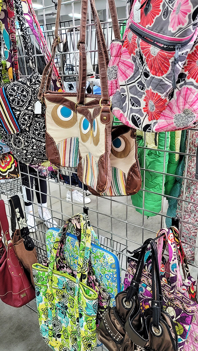 The handbag section: a gallery of purses with past lives. That owl-shaped tote has definitely seen some interesting places.