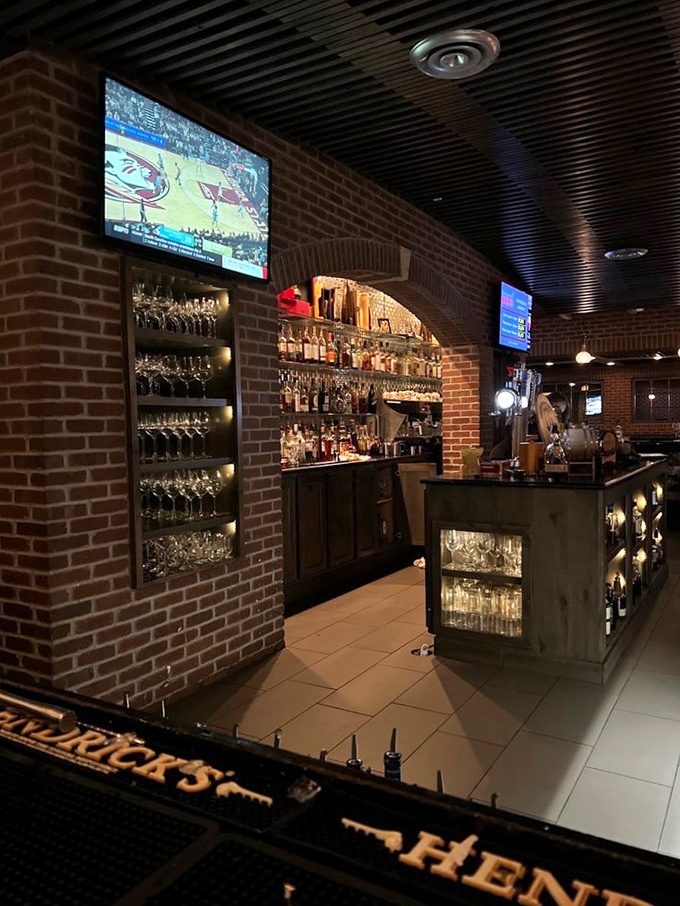 A bar setup that says, "We take our drinking as seriously as our eating." Those gleaming glasses are standing at attention, ready for duty.