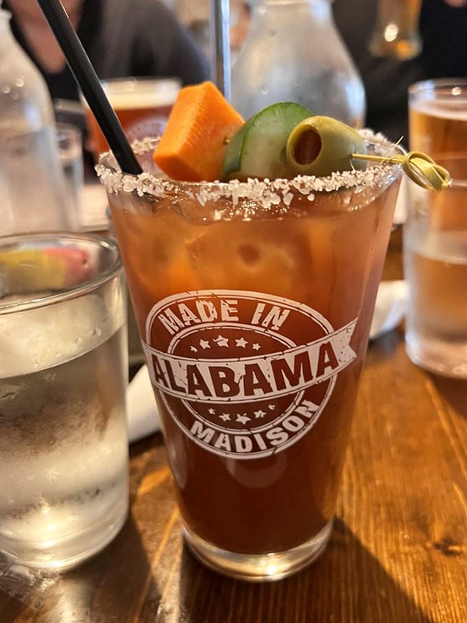 Their Bloody Mary proudly wears its "Made in Alabama" credentials, garnished with enough vegetables to count as a side salad.
