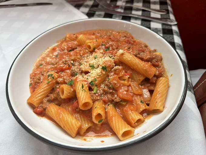 Rigatoni that's dressed for success in a robust sauce. Each ridged tube captures the perfect amount of that slow-simmered goodness.