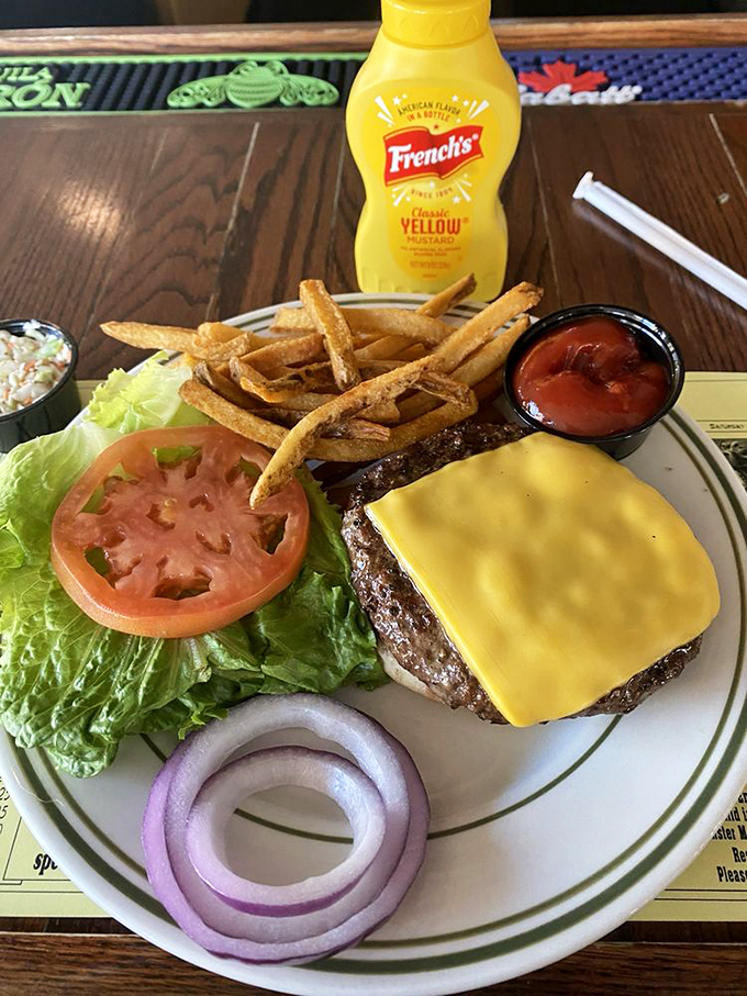 The cheeseburger arrives like a cover model for "Comfort Food Monthly." That melted American cheese blanket is tucking in a perfectly cooked patty for a flavor nap.