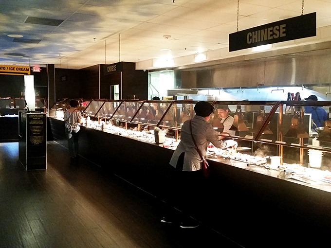 The Chinese section generates its own gravity field, pulling in diners who circle like planets around the steam tables of General Tso's chicken.