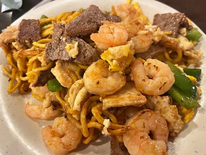 This isn't just chow mein&mdash;it's a symphony of textures where noodles, shrimp, and beef perform in perfect harmony. Fork-twirling has never looked so appealing.
