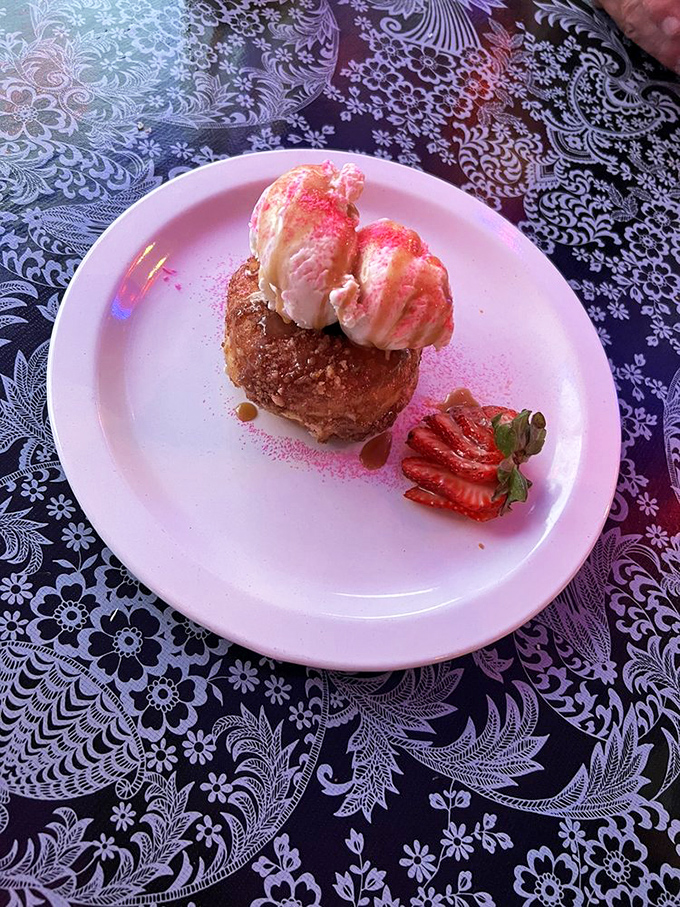 This cinnamon-dusted donut with ice cream perched on top is what dessert looks like in your sweetest dreams.