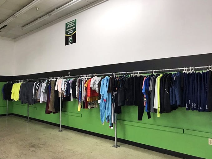 The clothing section: where fashion meets frugality on a wall of color-coded possibilities. Style doesn't always require a second mortgage.