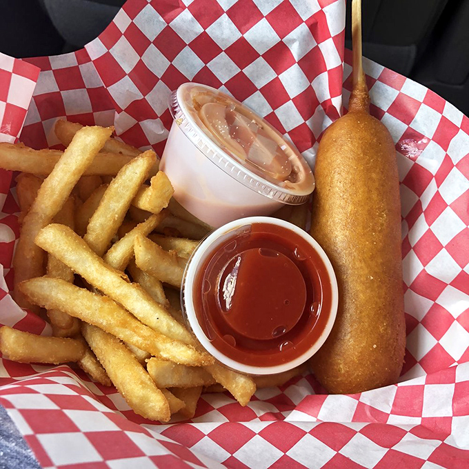 The humble corn dog elevated to art form, with fries and dipping sauces that make you question why you ever eat anywhere else.