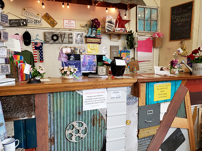 The checkout counter doubles as a visual autobiography of the store's personality&mdash;eclectic, colorful, and impossible to categorize.