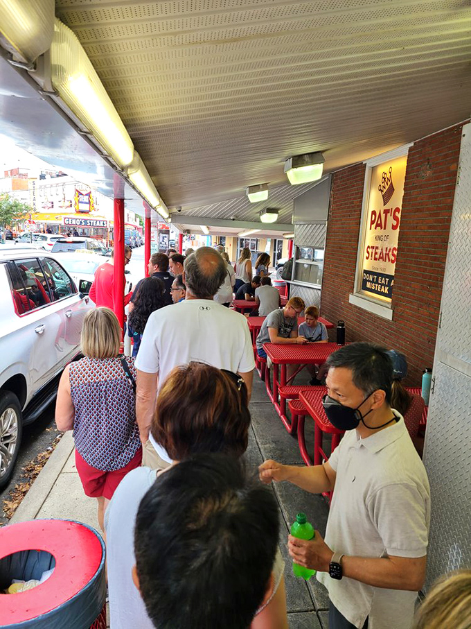 The line at Pat's is a Philadelphia rite of passage. Veterans know the drill while newcomers study the ordering protocol with scholarly intensity.