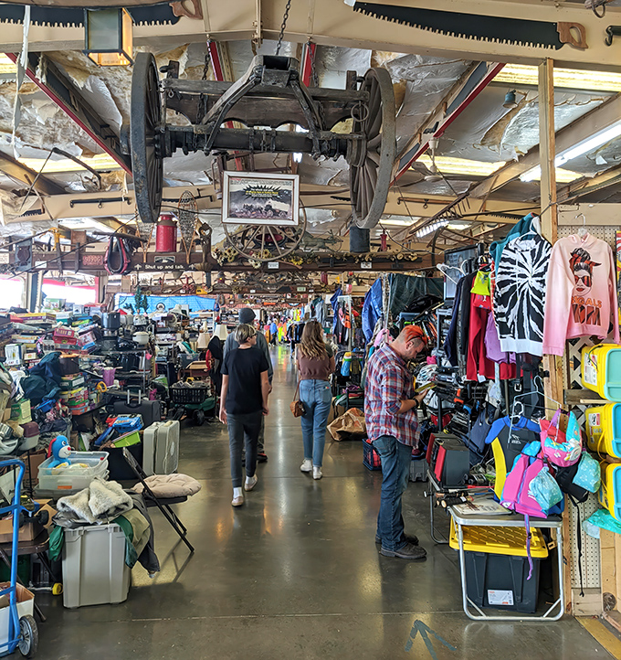 Beneath vintage farm equipment suspended from the ceiling, shoppers hunt for treasures. The past literally hangs over the present here.