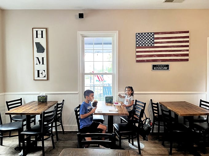 H-O-M-E spells happiness when ice cream is involved. These rustic tables have witnessed more moments of pure joy than most therapists' couches.