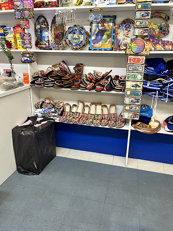 Colorful sandals and decorative plates create a global bazaar vibe&mdash;souvenirs and practical purchases living harmoniously on the same shelf.