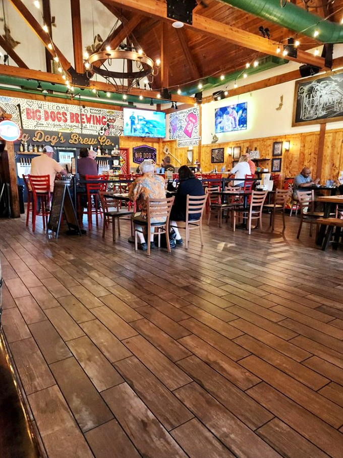 Wooden beams, string lights, and happy diners—the trifecta of brewpub perfection. The kind of space that makes you want to order another round.