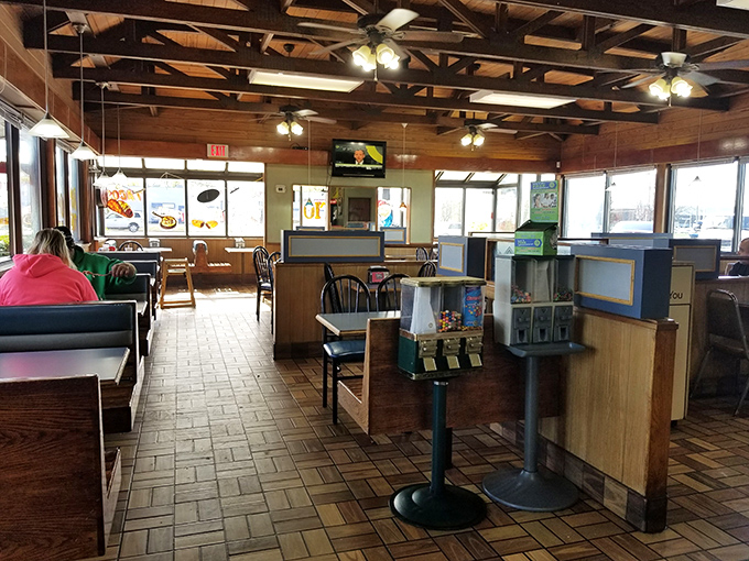 The interior says "I've been making people happy for decades" with its practical layout and wooden charm that invites you to sit and stay awhile.