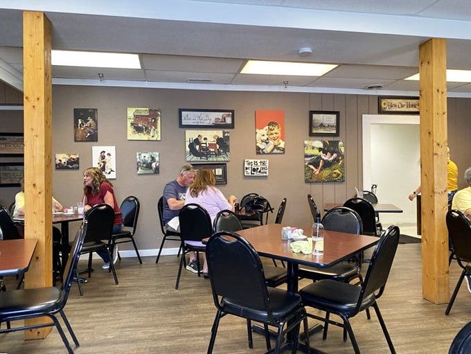 The dining room hums with conversation and laughter&mdash;wooden posts and simple tables creating the perfect backdrop for making memories over meatloaf.