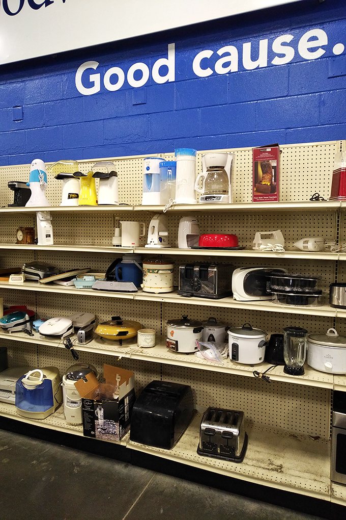 Small appliance heaven where coffee makers, toasters, and slow cookers sit patiently, dreaming of counter space in their next forever kitchen.