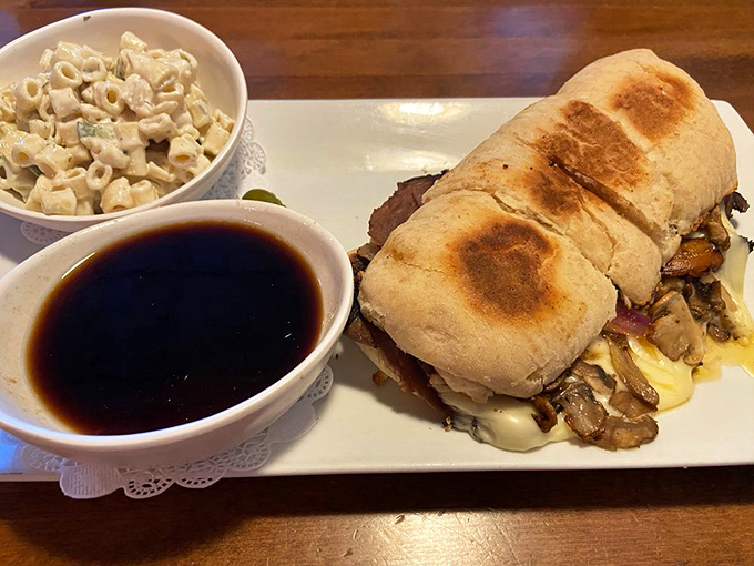 The French Dip with a side of macaroni salad&mdash;comfort food that speaks the universal language of "you made the right choice."