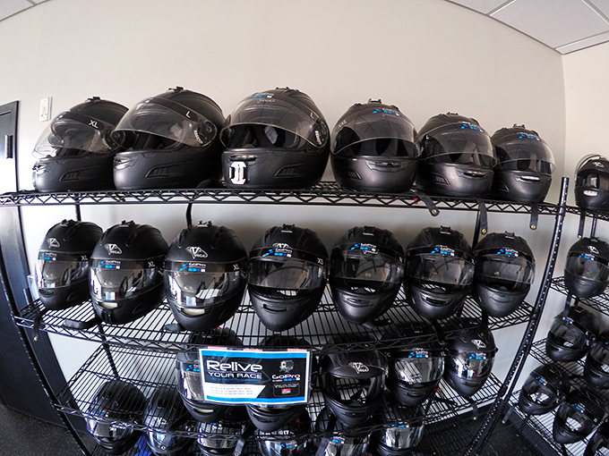 The wall of helmets stands ready &ndash; each one patiently waiting to protect someone's soon-to-be-inflated racing ego.