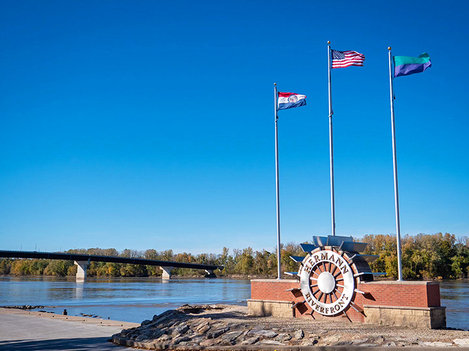 Hermann's riverfront welcome sign greets visitors like the start of a storybook adventure &ndash; one where the ending always involves good wine.
