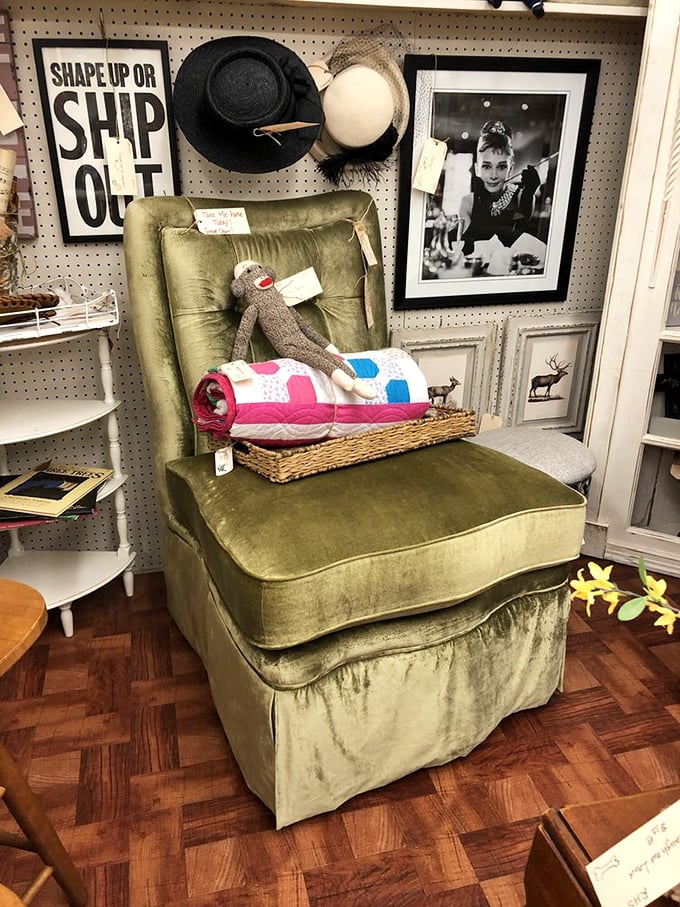 Hollywood glamour meets sock monkey charm. This olive velvet chair sits beneath Audrey Hepburn's watchful gaze&mdash;elegance with a wink of whimsy.