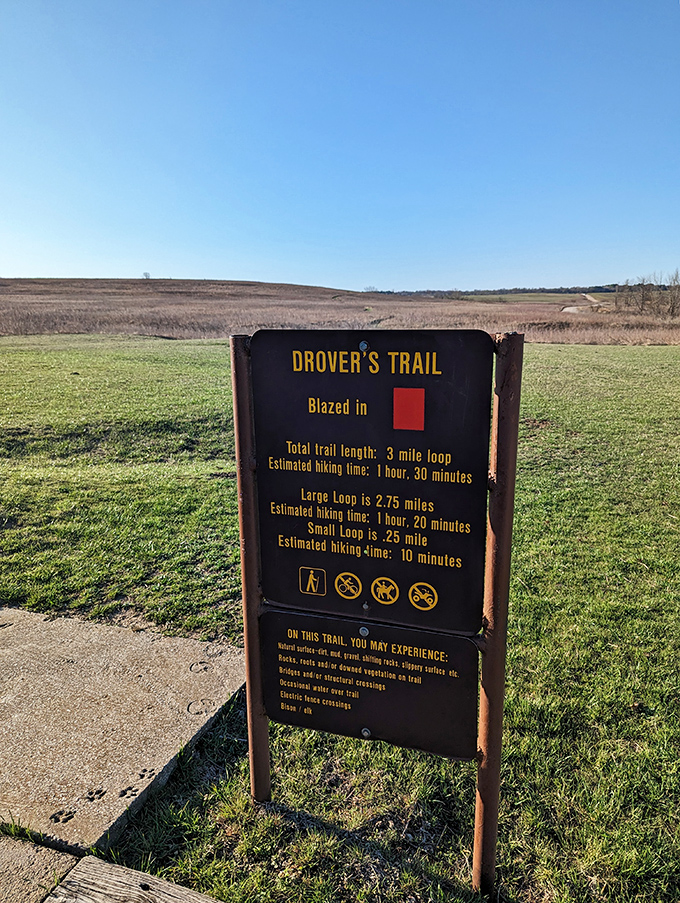 The Drover's Trail sign offers more than directions—it's a promise of adventures ranging from "manageable stroll" to "earned that burger" hikes.