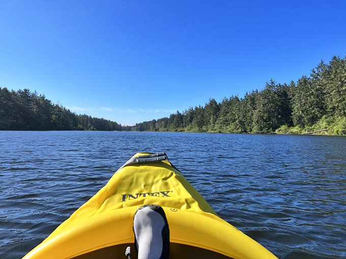 The best seat in the house. From a kayak's-eye view, Coffenbury Lake reveals itself as nature's perfect infinity pool.