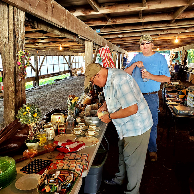 Inside this rustic barn, treasures await the patient hunter. Those teacups might have served countless Sunday gatherings before finding you.